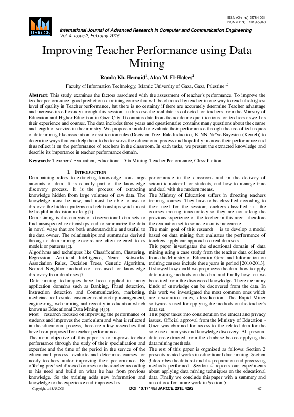 (PDF) Improving Teacher Performance using Data Mining