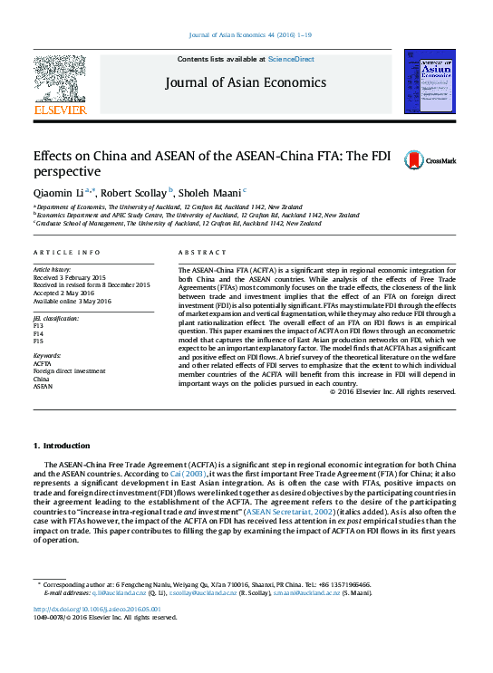 (PDF) Effects on China and ASEAN of the ASEAN-China FTA: The FDI ...