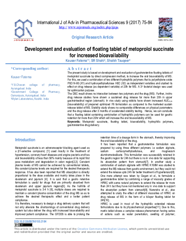 (PDF) Development and evaluation of floating tablet of metoprolol ...
