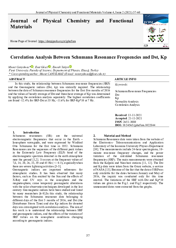 (PDF) CORRELATION ANALYSIS BETWEEN SCHUMANN RESONANCE FREQUENCIES AND Dst, Kp