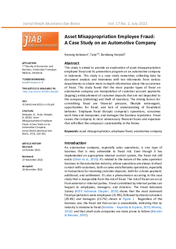 (PDF) Asset Misappropriation Employee Fraud: A Case Study on an ...