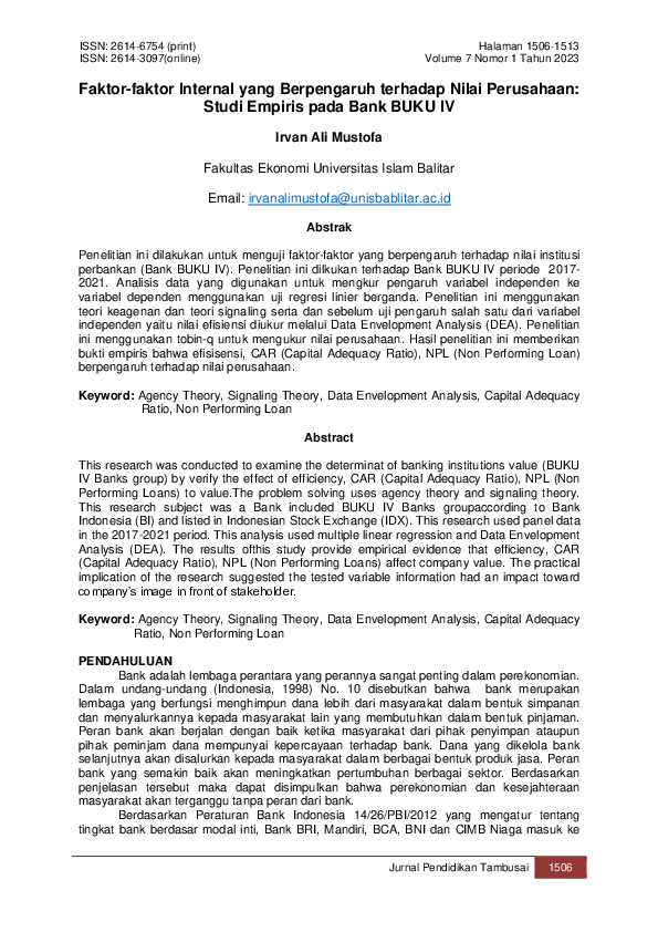 (PDF) Faktor-faktor Internal yang Berpengaruh terhadap Nilai Perusahaan: Studi Empiris pada Bank ...