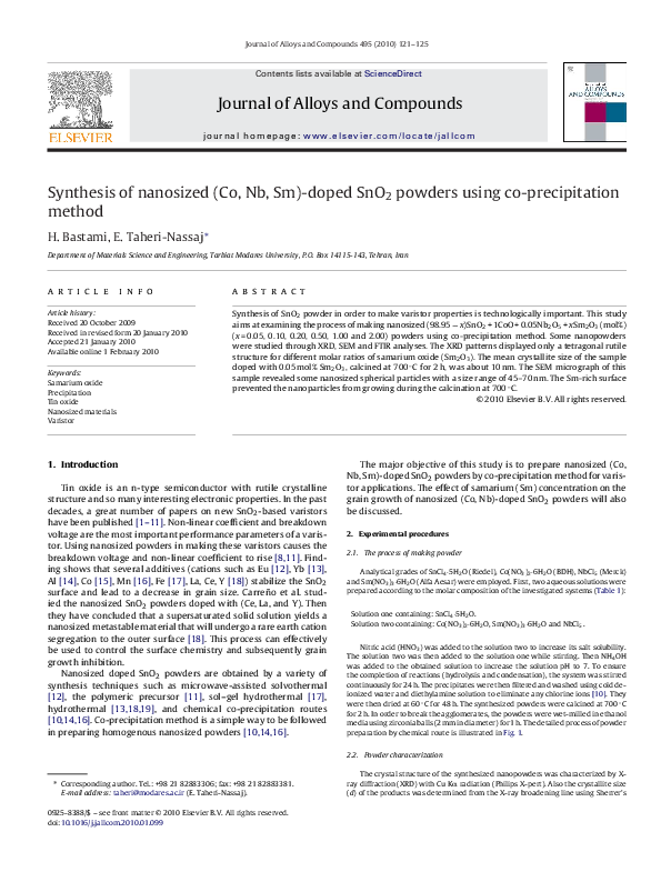 (PDF) Synthesis of nanosized (Co, Nb, Sm)-doped SnO2 powders using co ...