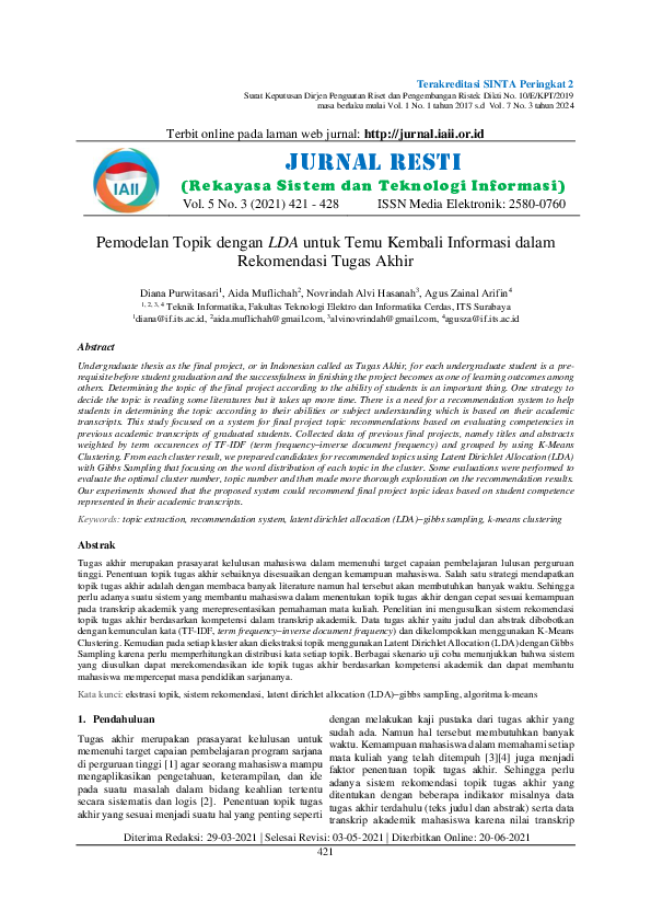 (PDF) Pemodelan Topik dengan LDA untuk Temu Kembali Informasi dalam Rekomendasi Tugas Akhir