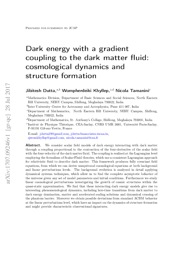 (PDF) Dark energy with a gradient coupling to the dark matter fluid: cosmological dynamics and ...