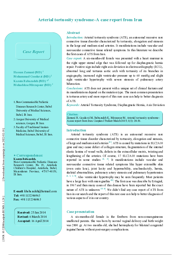 (PDF) Arterial Tortuosity Syndrome–A Case Report from Iran