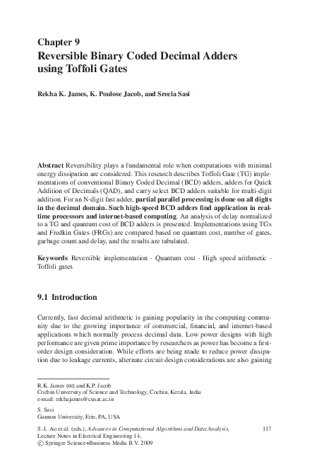 Pdf Reversible Binary Coded Decimal Adders Using Toffoli Gates 