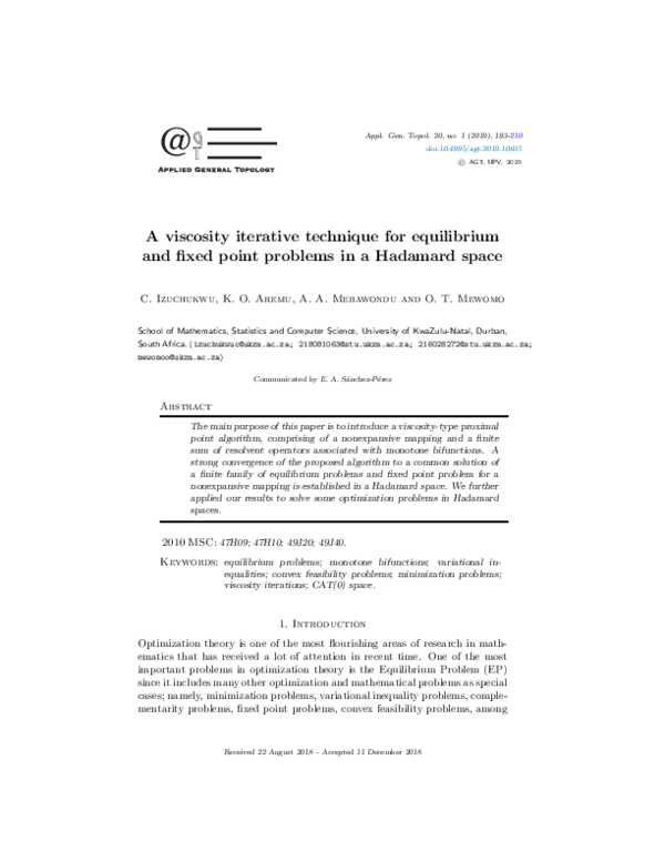 (PDF) A viscosity iterative technique for equilibrium and fixed point problems in a Hadamard space