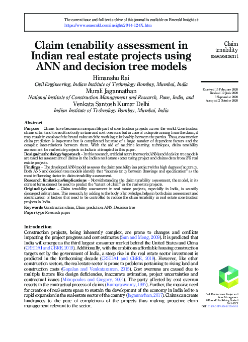 (PDF) Claim tenability assessment in Indian real estate projects using ...