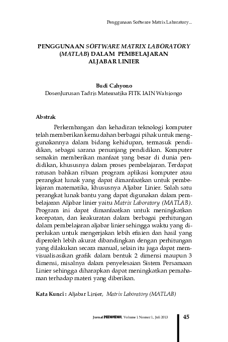(PDF) Penggunaan Software Matrix Laboratory (Matlab) Dalam Pembelajaran Aljabar Linier