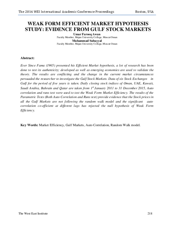 (PDF) Weak Form Efficient Market Hypothesis Study: Evidence from Gulf ...