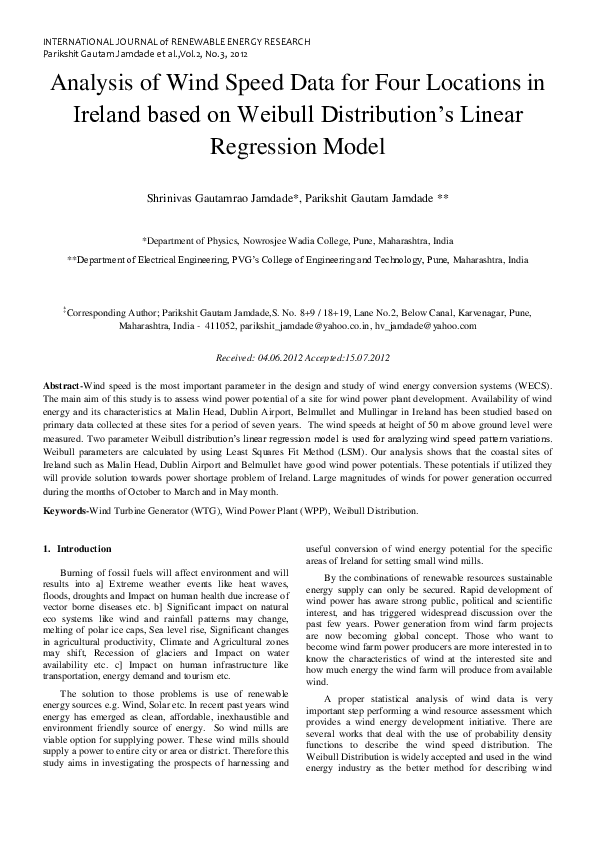 Pdf Analysis Of Wind Speed Data For Four Locations In Ireland Based On Weibull Distributions