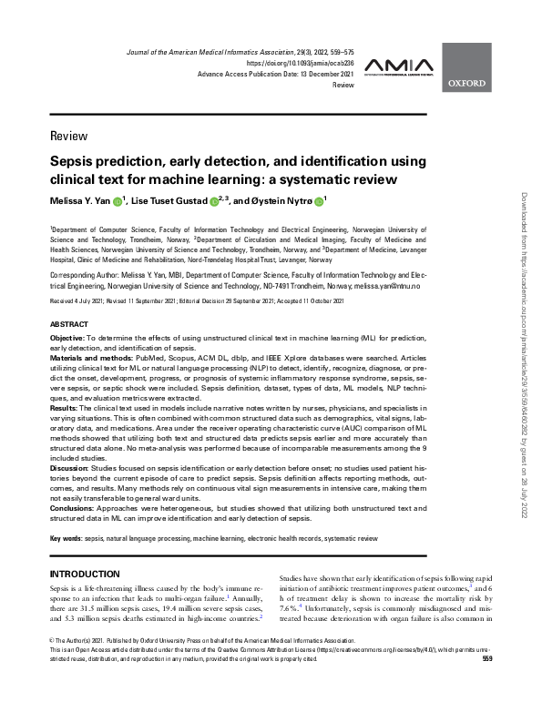 Pdf Sepsis Prediction Early Detection And Identification Using