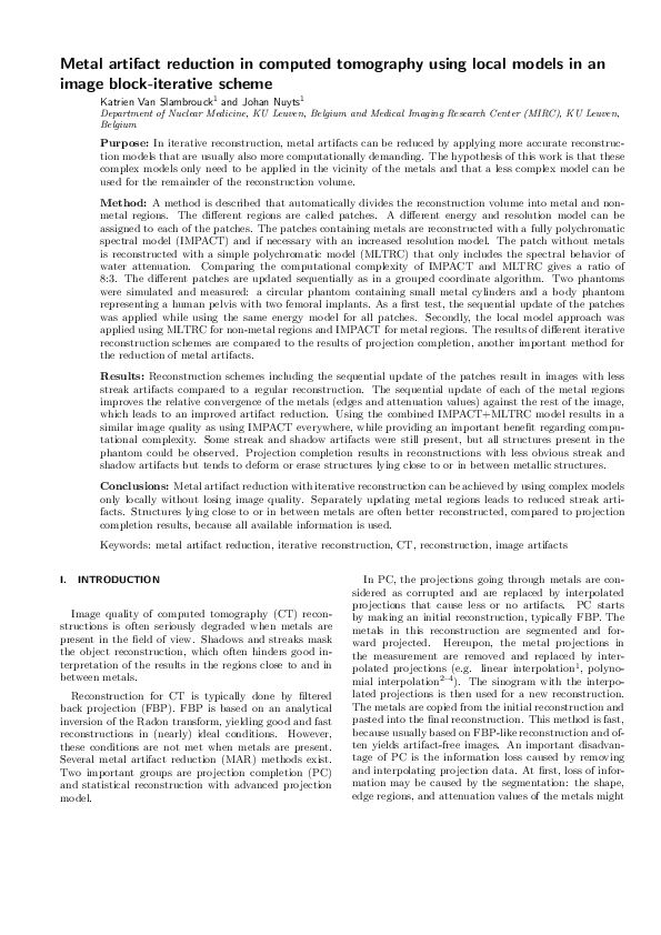(PDF) Metal artifact reduction in computed tomography using local models in an image block ...