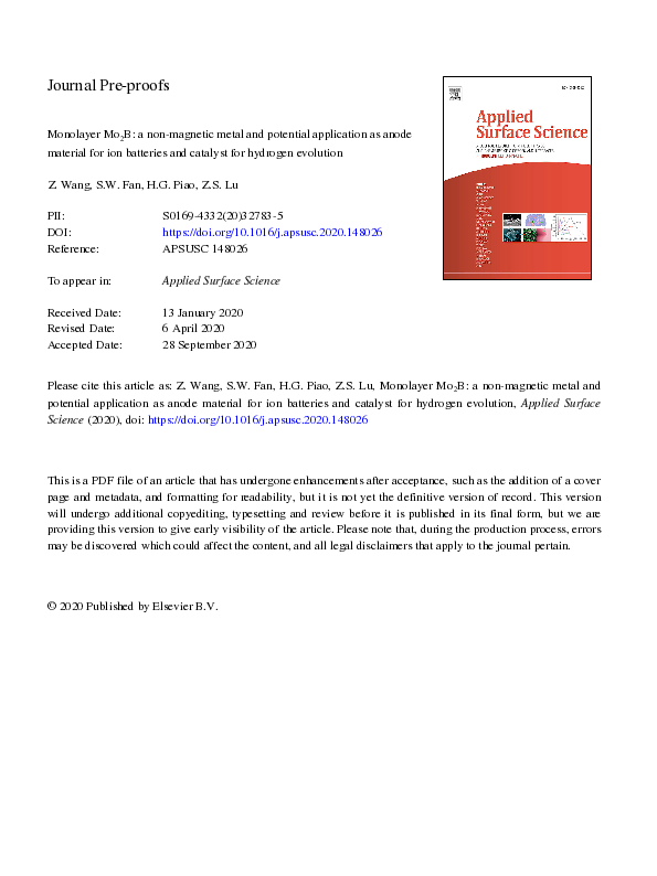 (PDF) Monolayer Mo2B: A non-magnetic metal and potential application as ...