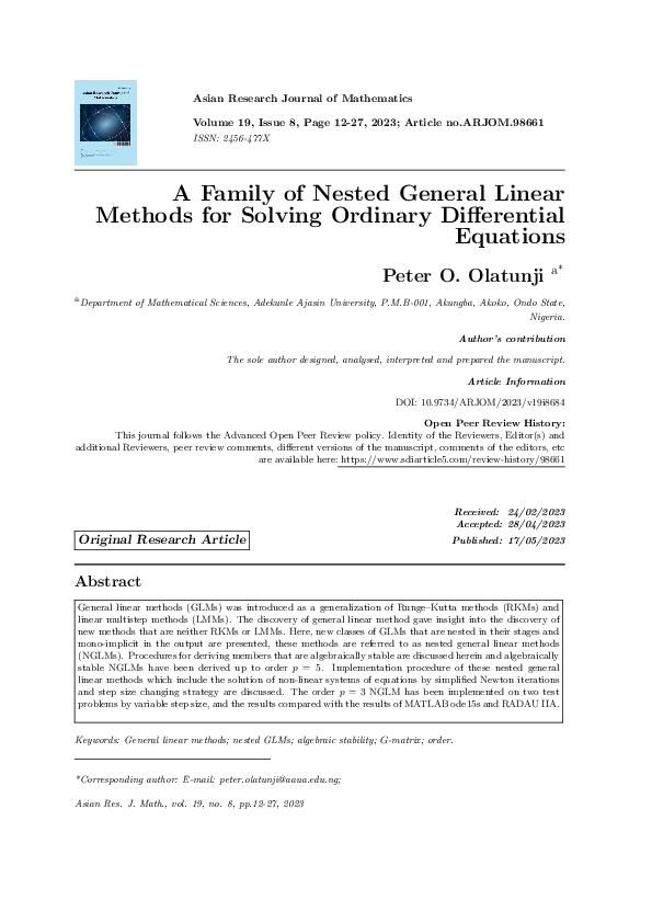 (PDF) A Family of Nested General Linear Methods for Solving Ordinary Differential Equations