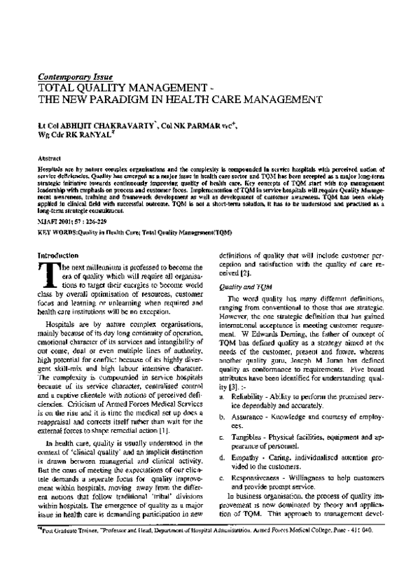 (PDF) Total quality management — The new paradigm in health care management