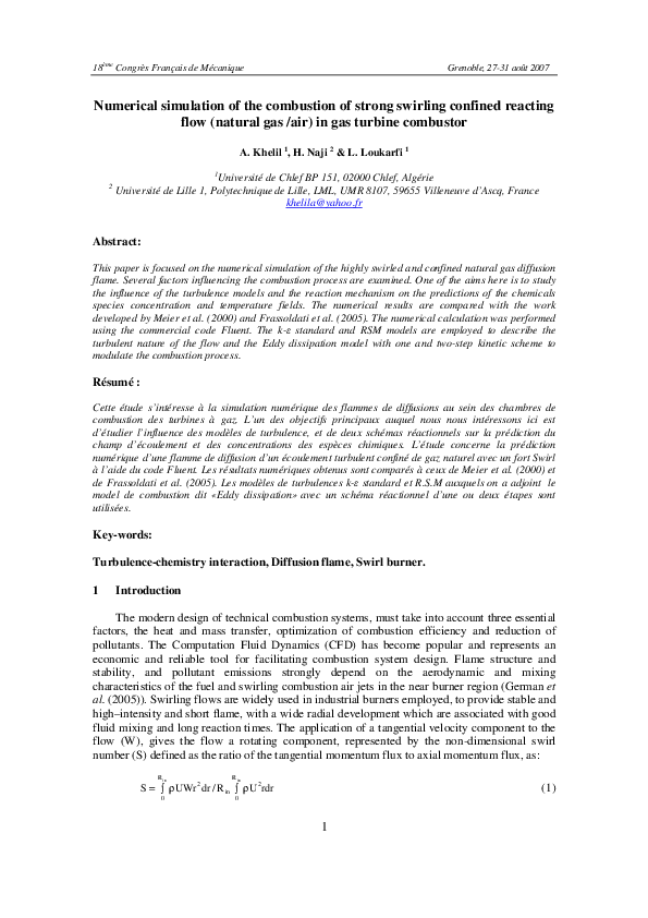 (PDF) Numerical simulation of the combustion of strong swirling confined reacting flow (natural ...