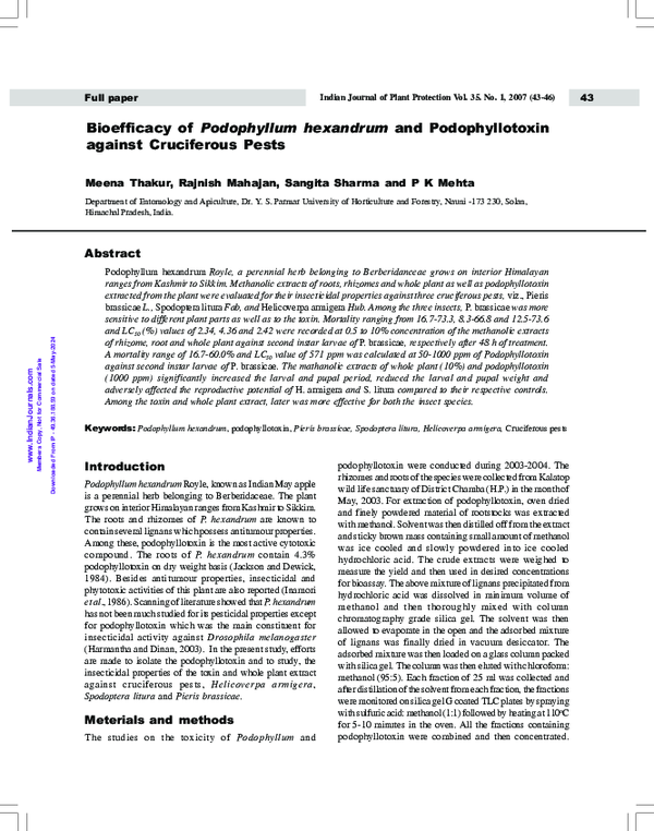 (PDF) Bioefficacy of Podophyllum hexandrum and Podophyllotoxin against ...