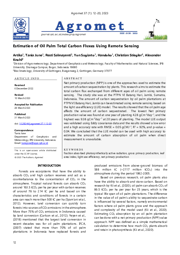 Pdf Estimation Of Oil Palm Total Carbon Fluxes Using Remote Sensing