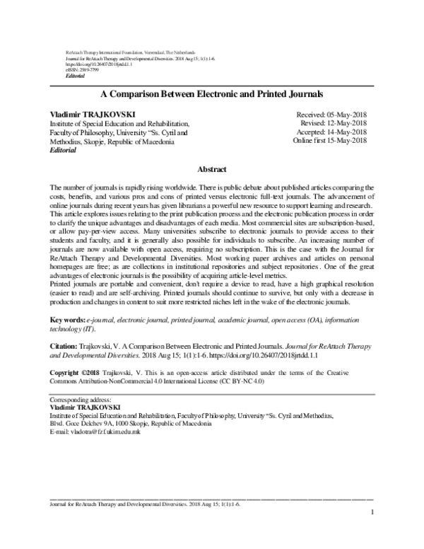 (PDF) A Comparison Between Electronic and Printed Journals