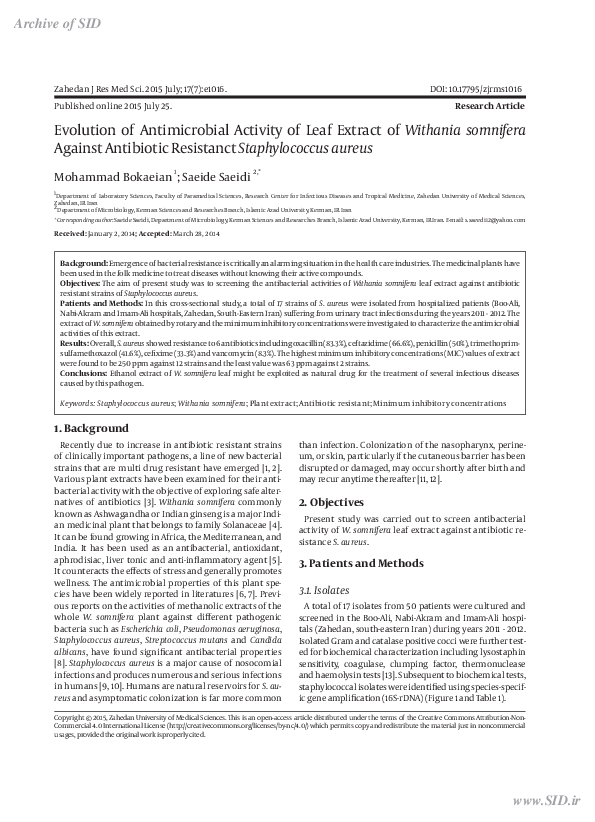 (PDF) Evolution of Antimicrobial Activity of Leaf Extract of Withania somnifera Against ...