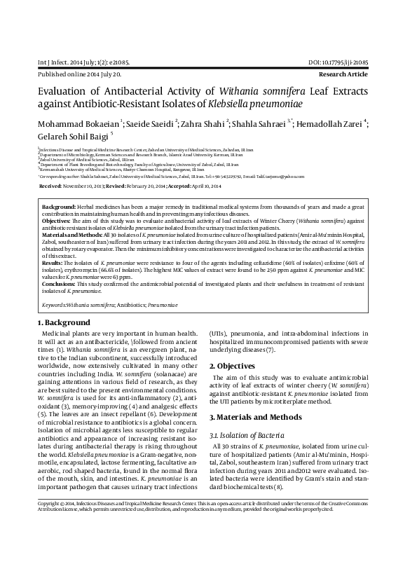 (PDF) Evaluation of Antibacterial Activity of Withania somnifera Leaf Extracts against ...