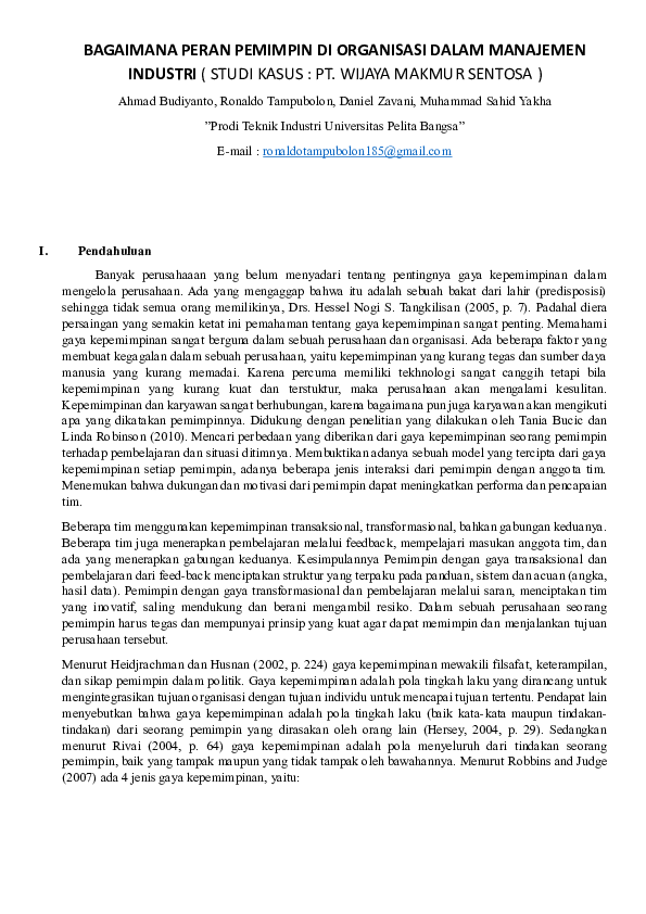 (PDF) BAGAIMANA PERAN PEMIMPIN DI ORGANISASI DALAM MANAJEMEN INDUSTRI ( STUDI KASUS : PT. WIJAYA ...