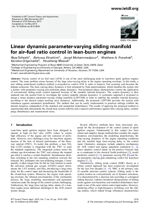 (PDF) Linear dynamic parameter‐varying sliding manifold for air–fuel ratio control in lean‐burn ...