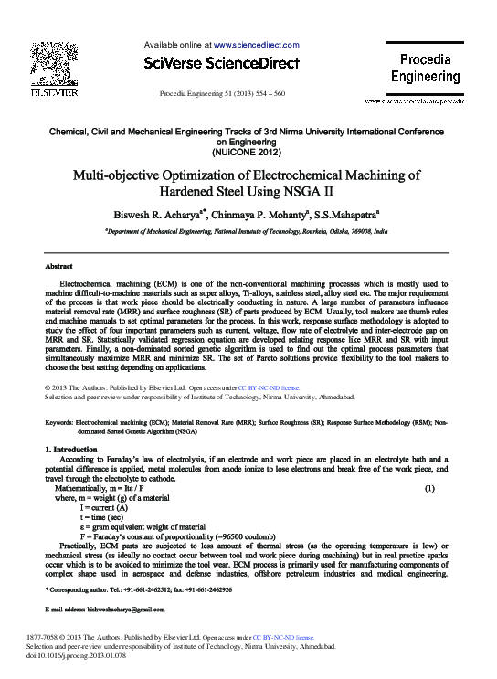 (PDF) Multi-objective Optimization of Electrochemical Machining of Hardened Steel Using NSGAII ...