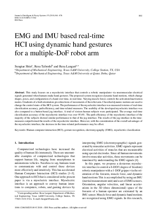 (PDF) EMG and IMU based real-time HCI using dynamic hand gestures for a multiple-DoF robot arm