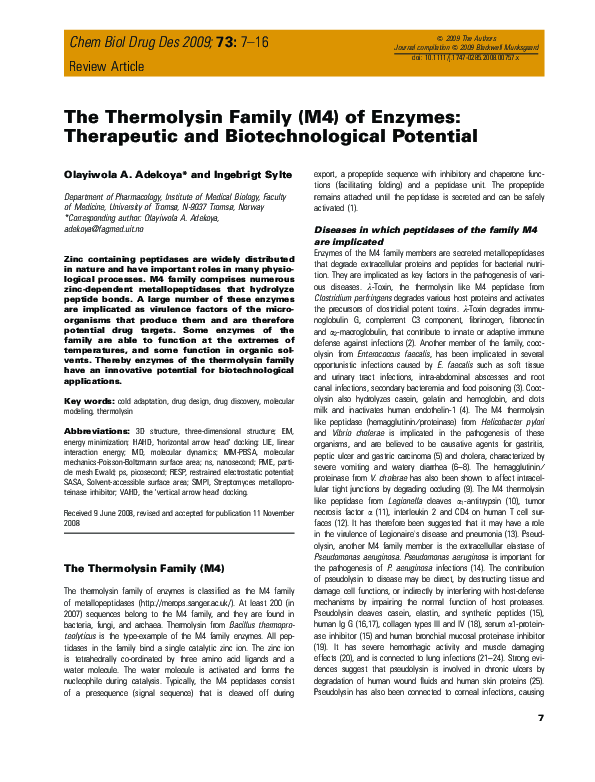 (PDF) The Thermolysin Family (M4) of Enzymes: Therapeutic and ...