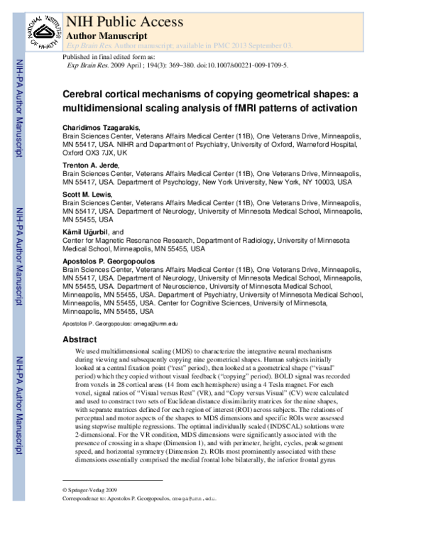 (PDF) Cerebral cortical mechanisms of copying geometrical shapes: a multidimensional scaling ...