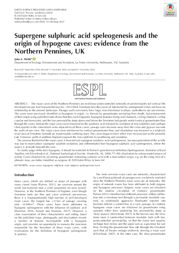 (PDF) Supergene sulphuric acid speleogenesis and the origin of hypogene ...
