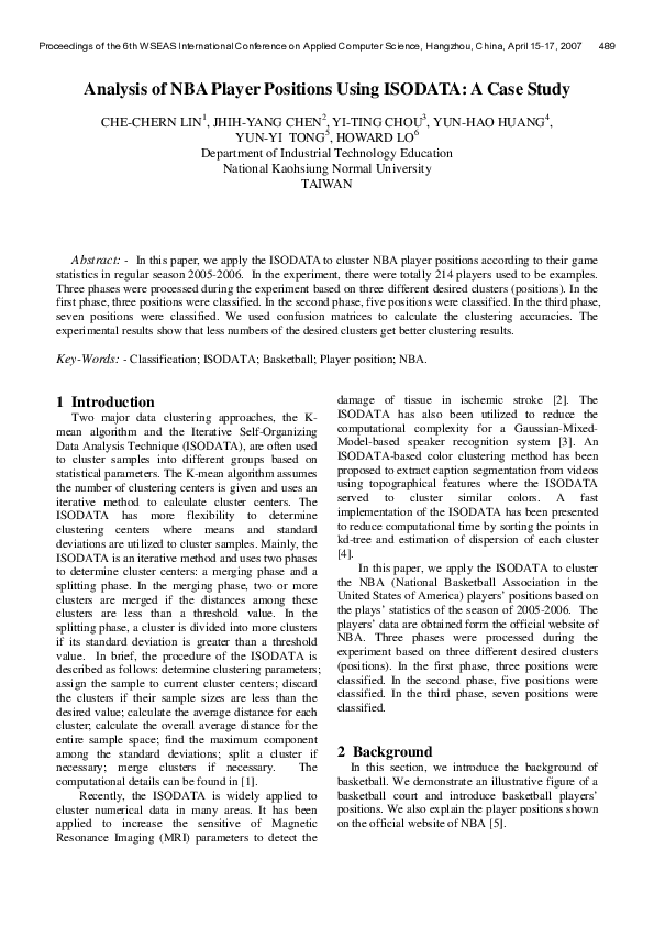 (PDF) Analysis of NBA player positions using ISODATA: a case study