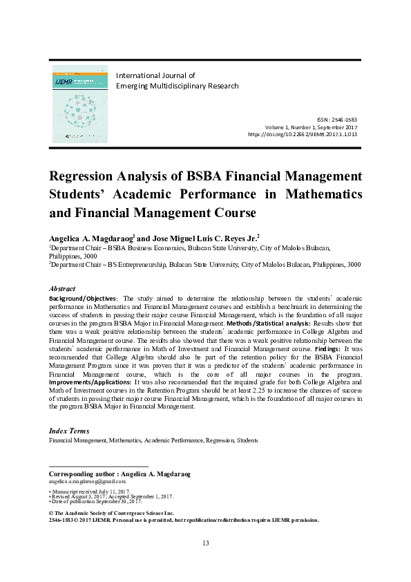 (PDF) Regression Analysis of BSBA Financial Management Students ...