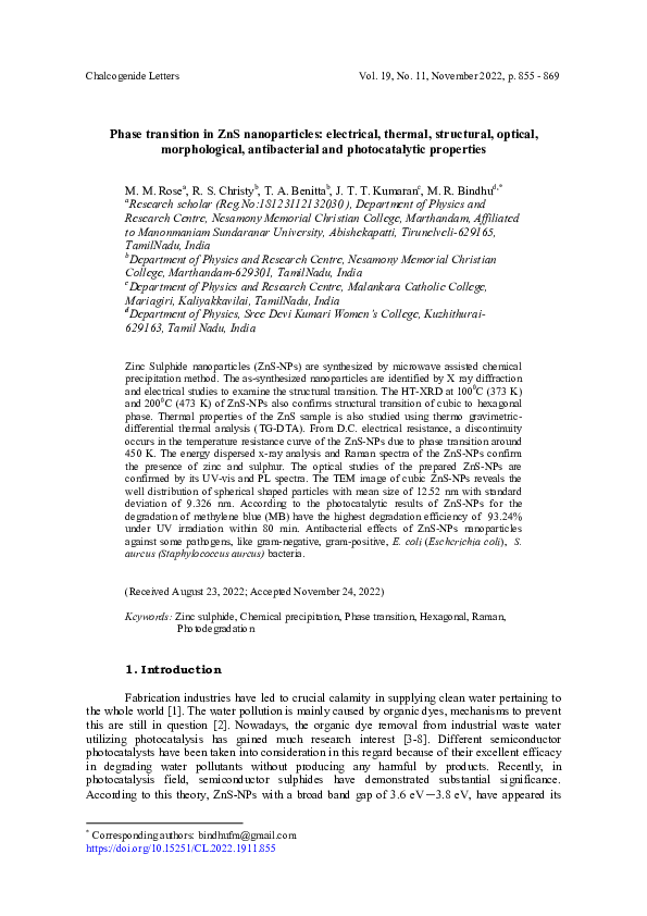 (PDF) Phase transition in ZnS nanoparticles: electrical, thermal, structural, optical ...