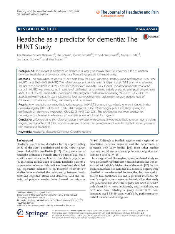 (PDF) Headache as a predictor for dementia: The HUNT Study