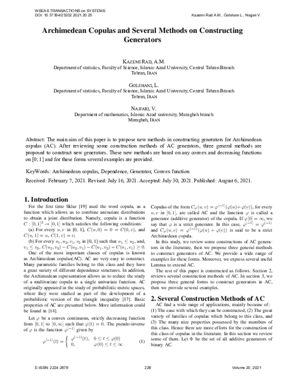 (PDF) Archimedean Copulas and Several Methods on Constructing Generators