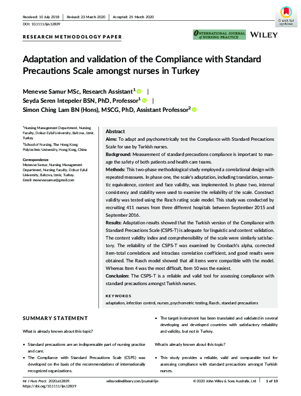 (PDF) Adaptation and validation of the Compliance with Standard ...