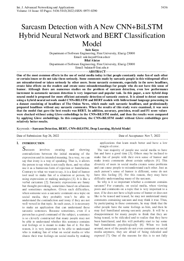 Pdf Sarcasm Detection With A New Cnn Bilstm Hybrid Neural Network And Bert Classification Model