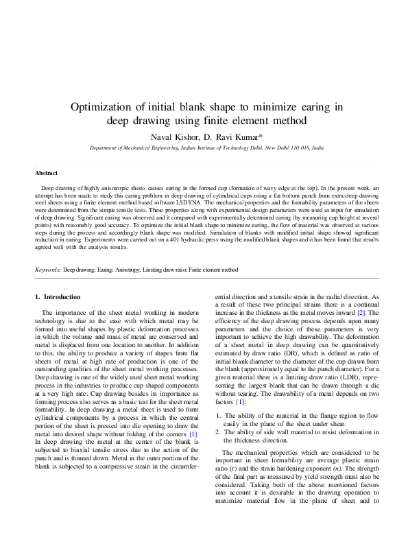 (PDF) Optimization of initial blank shape to minimize earing in deep drawing using finite ...