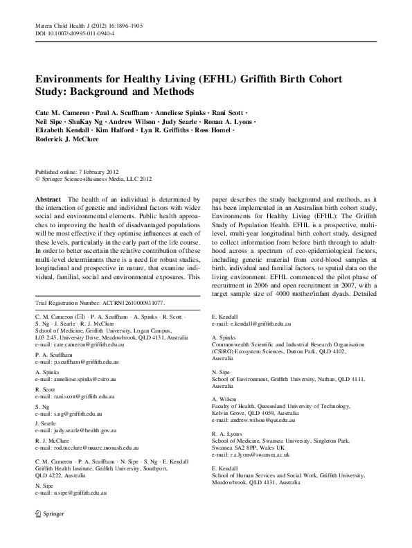 (PDF) Environments for Healthy Living (EFHL) Griffith Birth Cohort ...