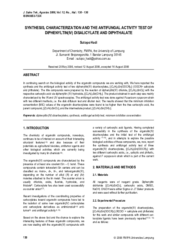(PDF) Synthesis, Characterization and the Antifungal Activity Test of ...