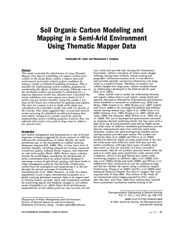 (PDF) Soil Organic Carbon Modeling and Mapping in a Semi-Arid Environment Using Thematic Mapper Data