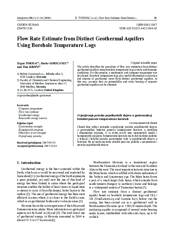 (PDF) Flow Rate Estimate from Distinct Geothermal Aquifers Using Borehole Temperature Logs