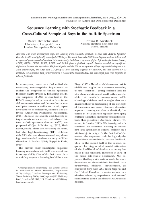 (PDF) Sequence learning with stochastic feedback in a cross-cultural sample of boys in the ...