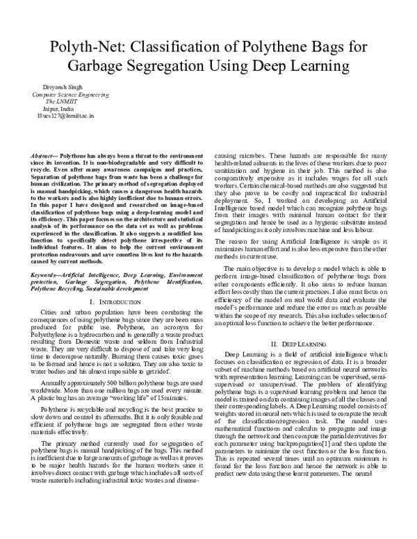 (PDF) Polyth-Net: Classification of Polythene Bags for Garbage Segregation Using Deep Learning