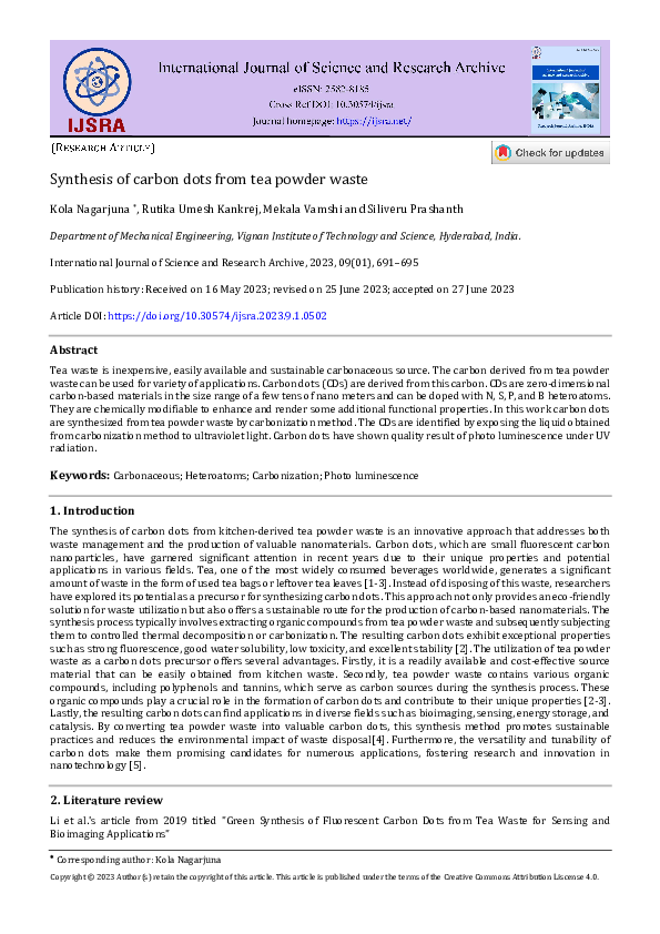 (PDF) Synthesis of carbon dots from tea powder waste