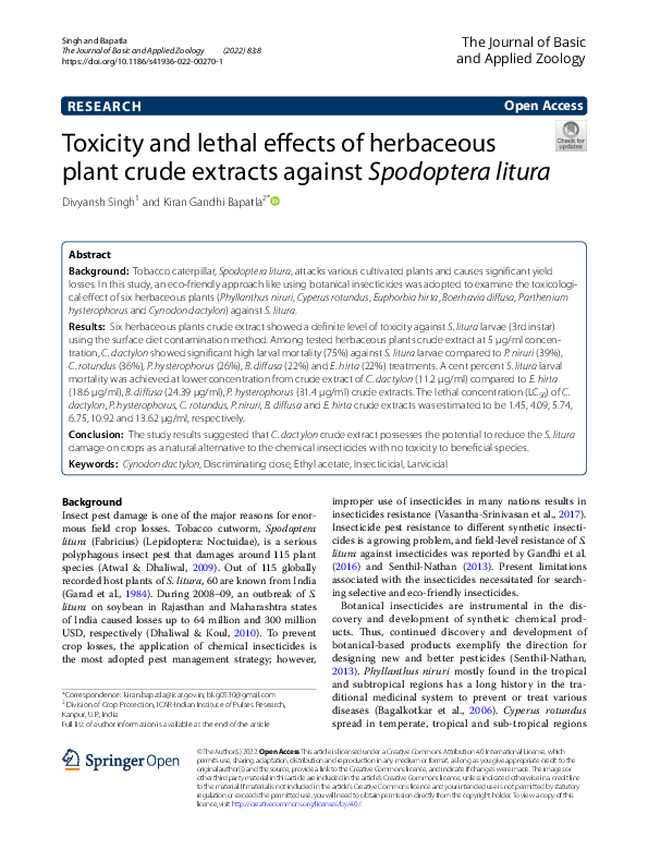 (PDF) Toxicity and lethal effects of herbaceous plant crude extracts ...